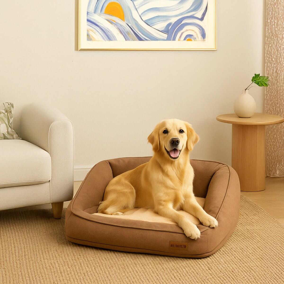 Beige Orthopedic Sofa-Style Pet Bed, Waterproof & Stain-Resistant (Med ...